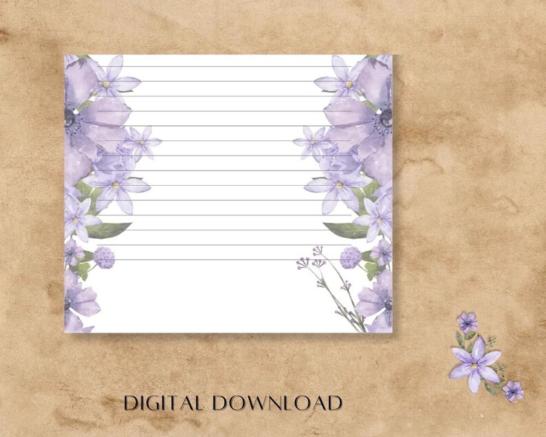 Printable Purple Paper, Watercolor Flower Stationery, Elegant Writing ...