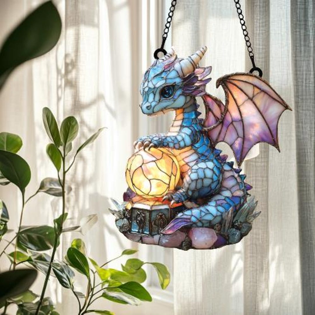 Baby Blue Dragon Stained Glass Suncatcher, Fantasy Crystal Orb Window ...