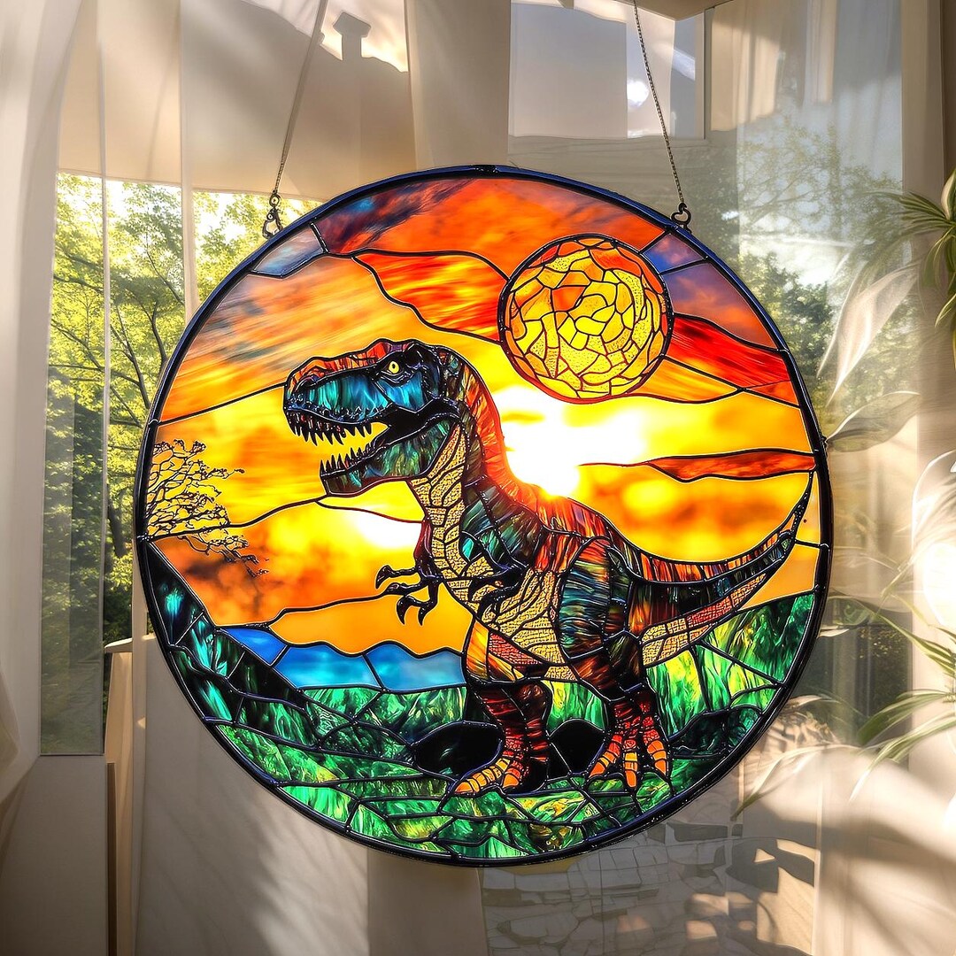 T-rex Dinosaur Glass Suncatcher – Round Window Hanging, Sunset Jurassic ...