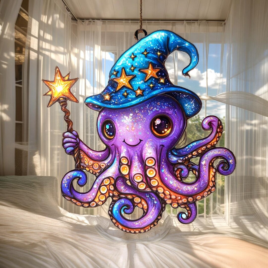 Wizard Octopus Faux Stained Glass Acrylic Suncatcher - Magical Purple ...