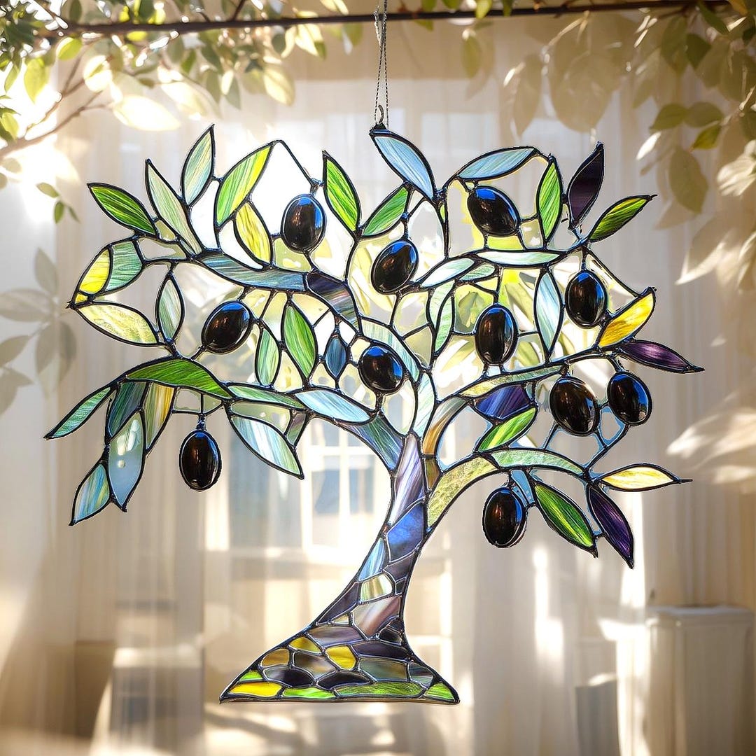 Olive Tree Stained Glass Suncatcher, Mediterranean Kitchen Window Decor ...