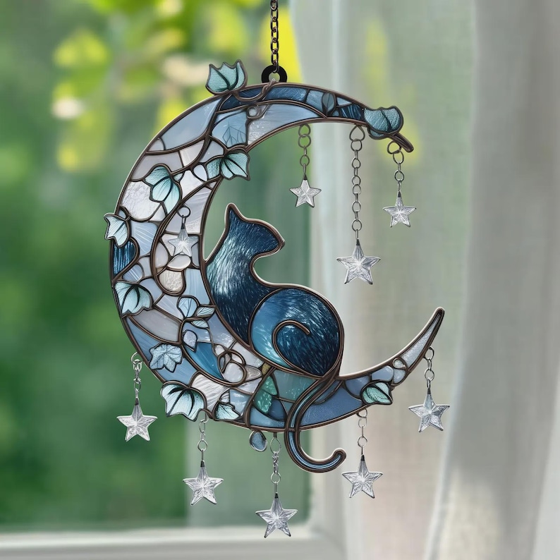 Cat on Moon Suncatcher – Faux Stained Glass, Acrylic Window Hanging - Etsy