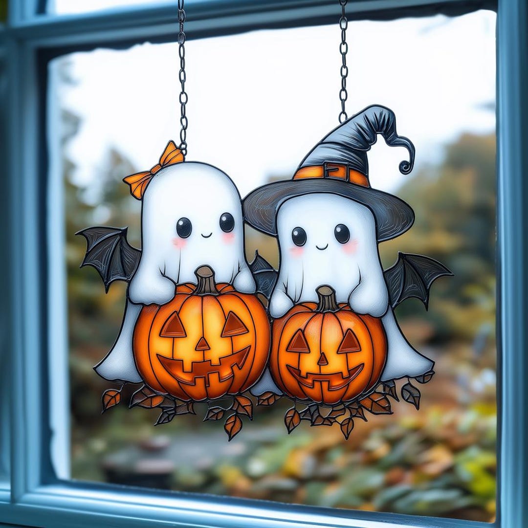Cute Ghosts Faux Stained Glass ACRYLIC Suncatcher Window Hanging ...