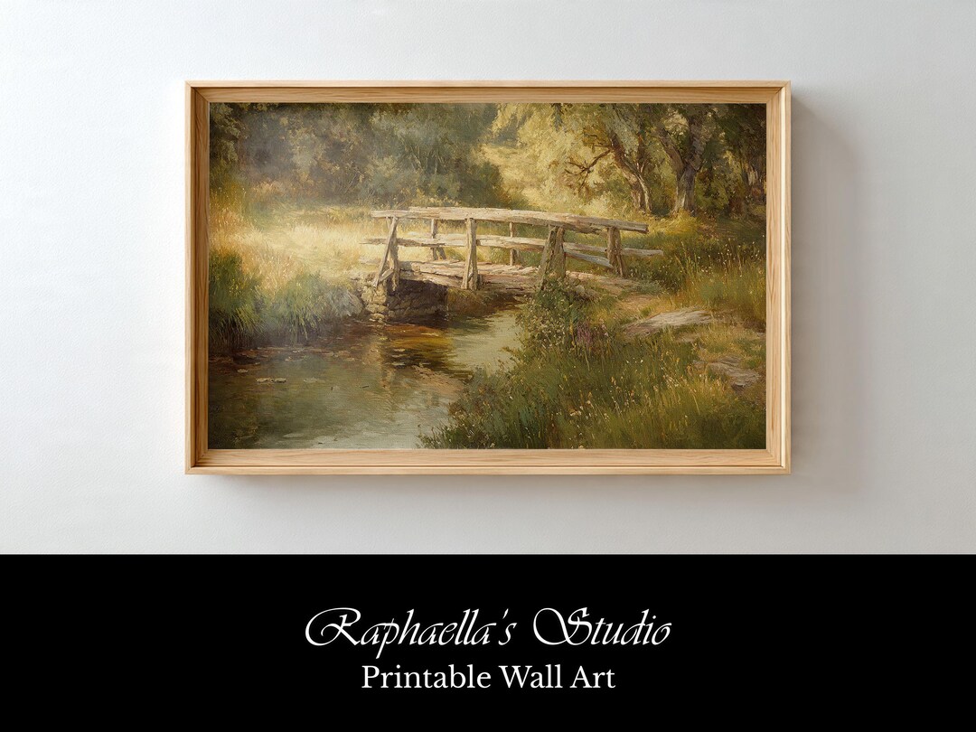 Rustic Wooden Bridge Oil Painting, Cottagecore Landscape Art (digital ...