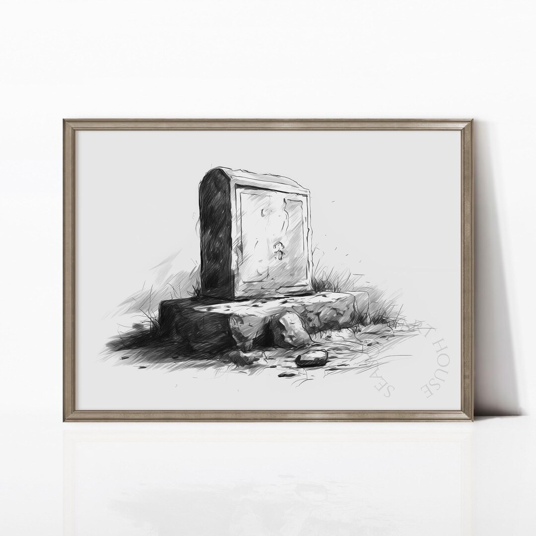 Gravestone Pencil Sketch Print, Gothic Black and White Cemetery Art ...
