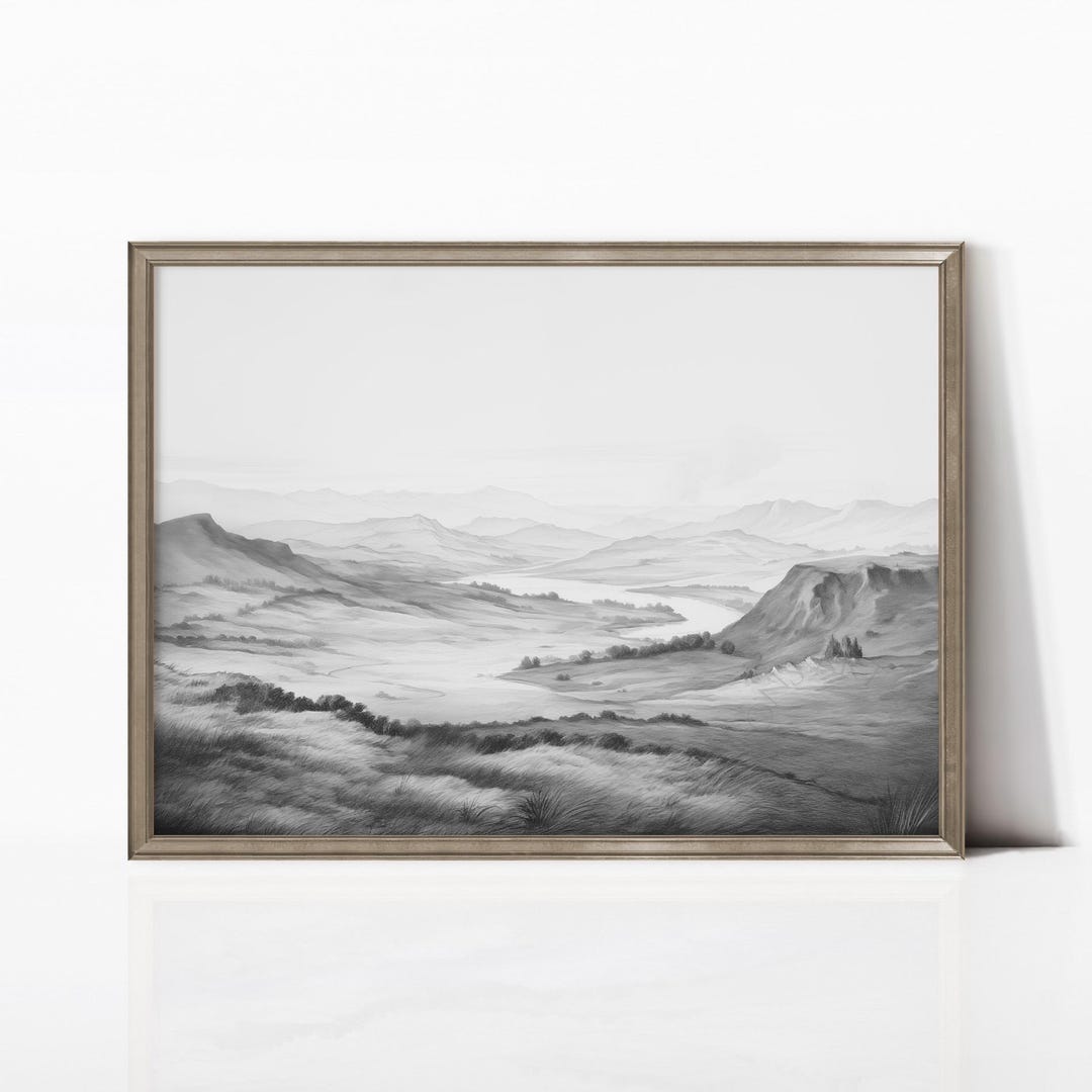 Pencil Sketch Prairie Landscape Wall Print, Rustic Countryside Art ...
