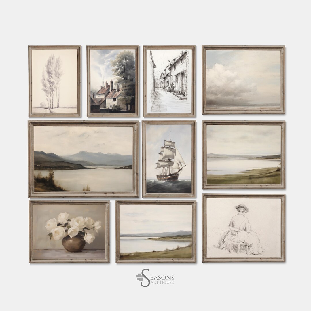 Coastal Gallery Wall Art Set | Neutral Vintage Ship Sketch & Cottage ...