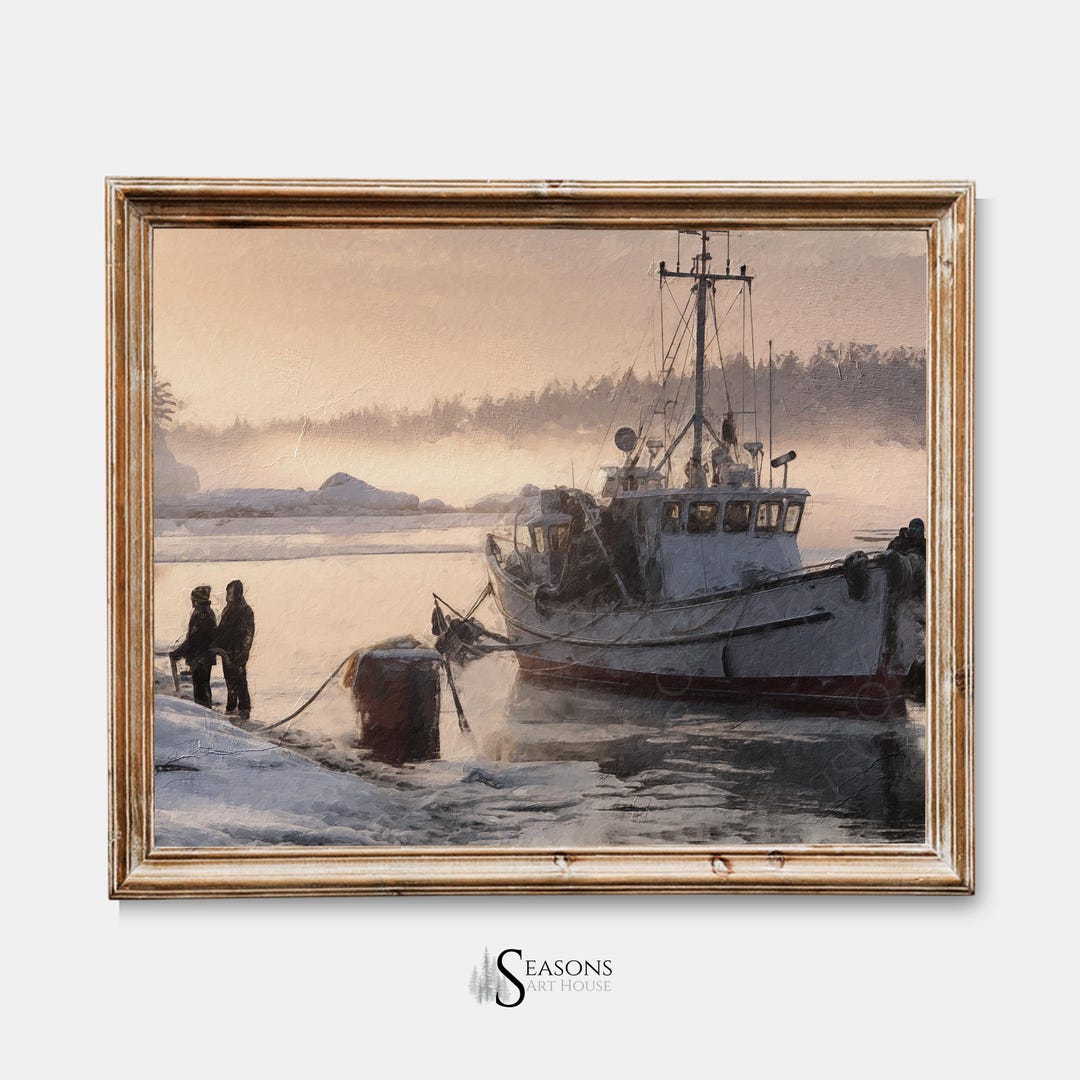 Winter Fishing Scene - Rustic Harbor Art, Nautical Wall Decor & Snowy ...