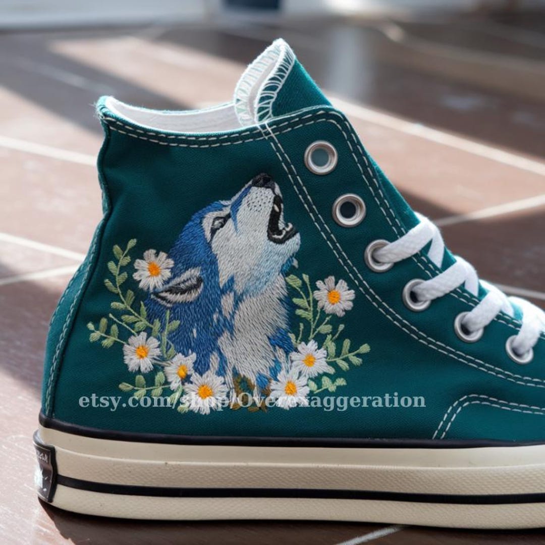 Custom Embroidered Green Converse High Tops Blue Wolf Flower Garden ...