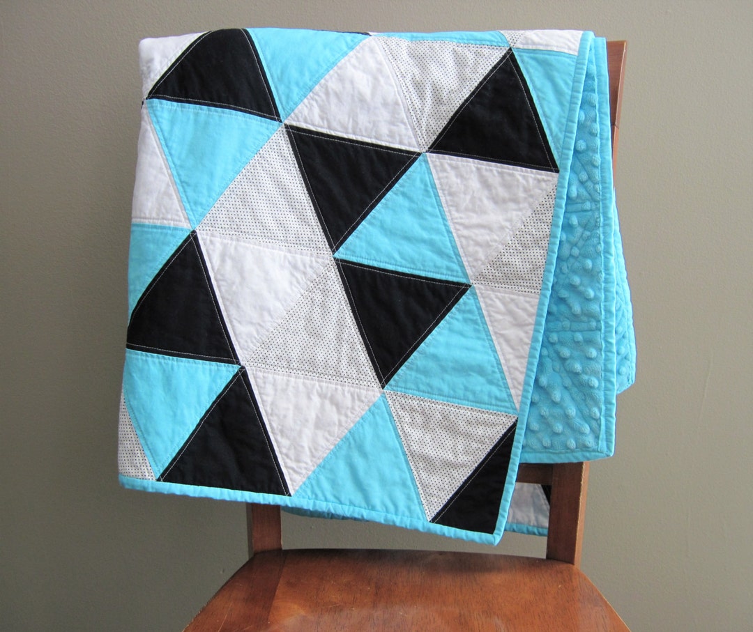 Blue Triangle Baby Quilt, Topaz Blue, Black, and White Baby Blanket ...