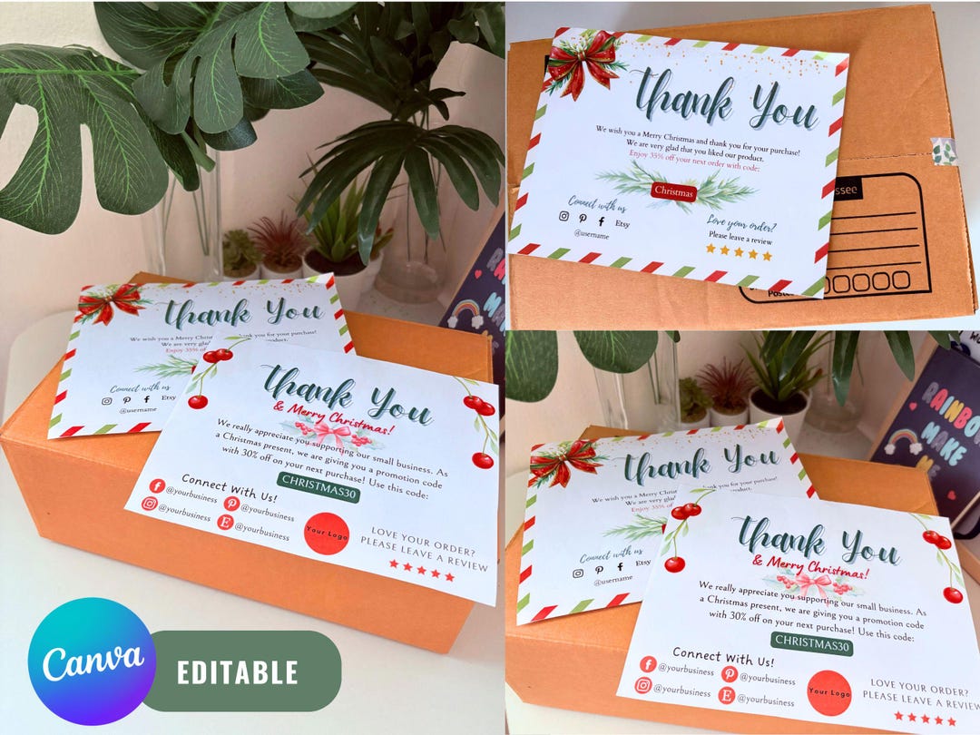 Editable Christmas Thank You Cards, Holiday Cards Template, Christmas ...
