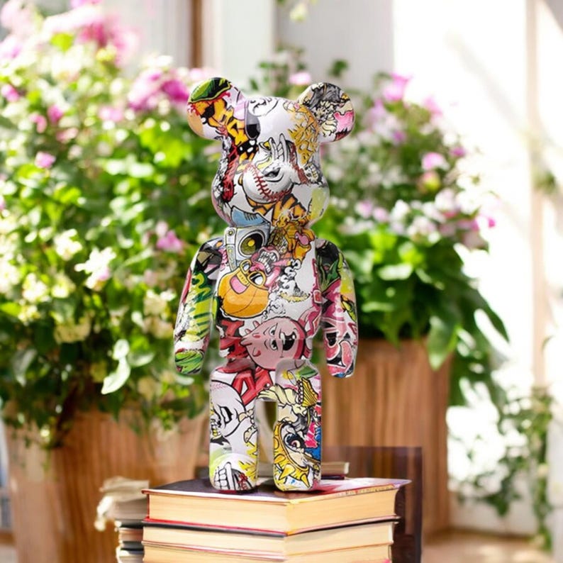 Decorative Bearbrick Bear Graffiti Statue | Modern Ornament for Shelf ...