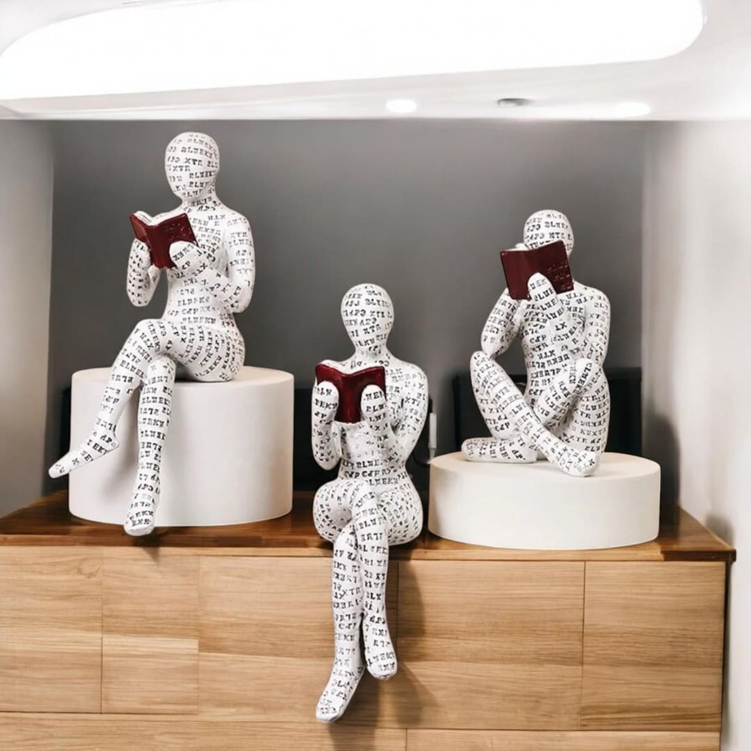 Reading Woman Figurine | Thinker Resin Statue | Abstract Bookshelf ...