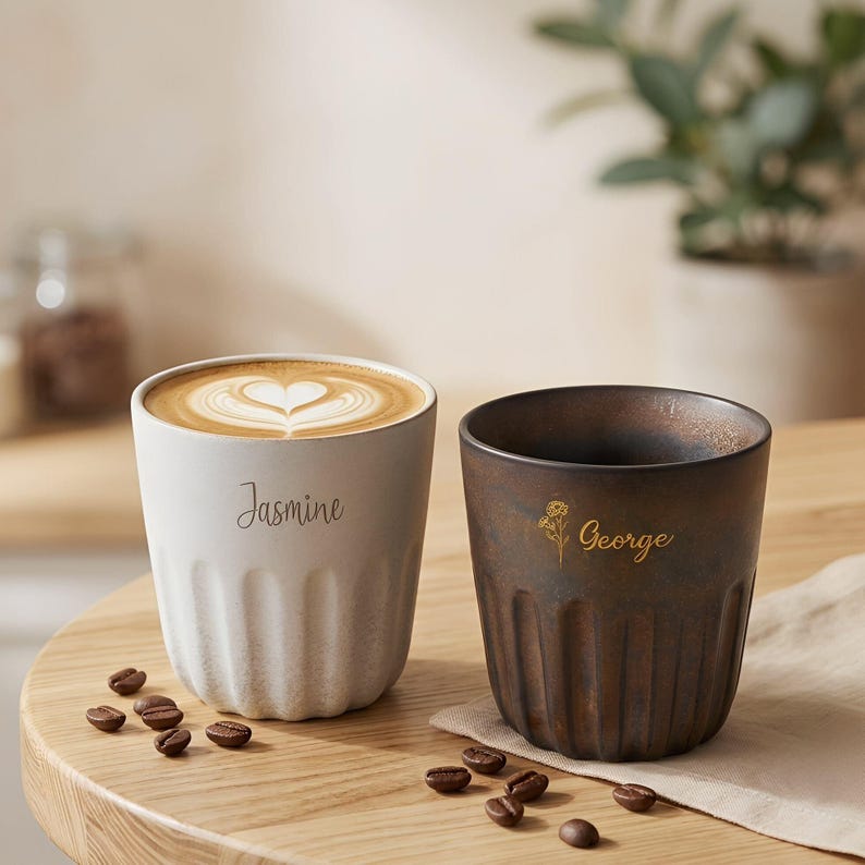 Engraved Name Artisan Tea Cup, Handcrafted Stoneware Birthflower Name ...