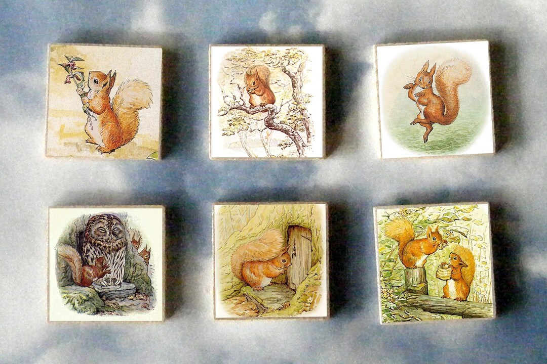 SET of 6 Beatrix POTTER Wood Art Magnet Gift Set - Red Squirrel NUTKIN ...
