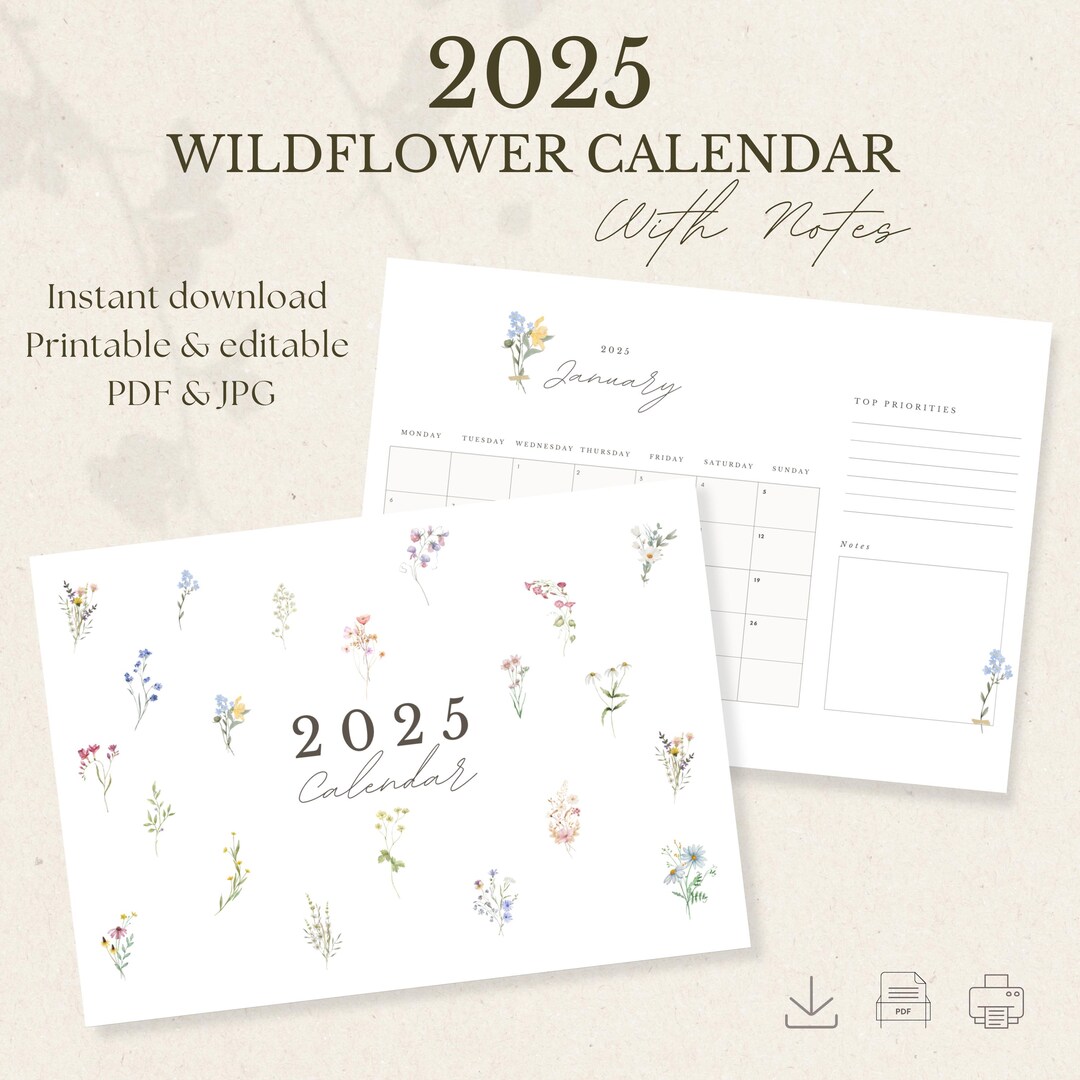 2025 Monthly Calendar With Notes, Wildflower, Floral, Landscape ...