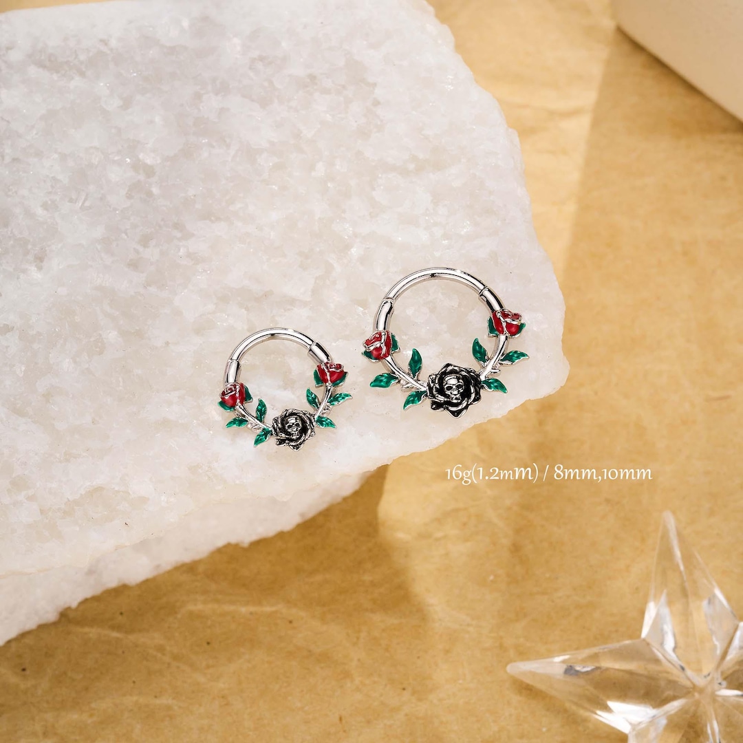 Rose & Skeleton Septum Ring, Punk Gothic Septum Jewelry, Hinged Clicker ...