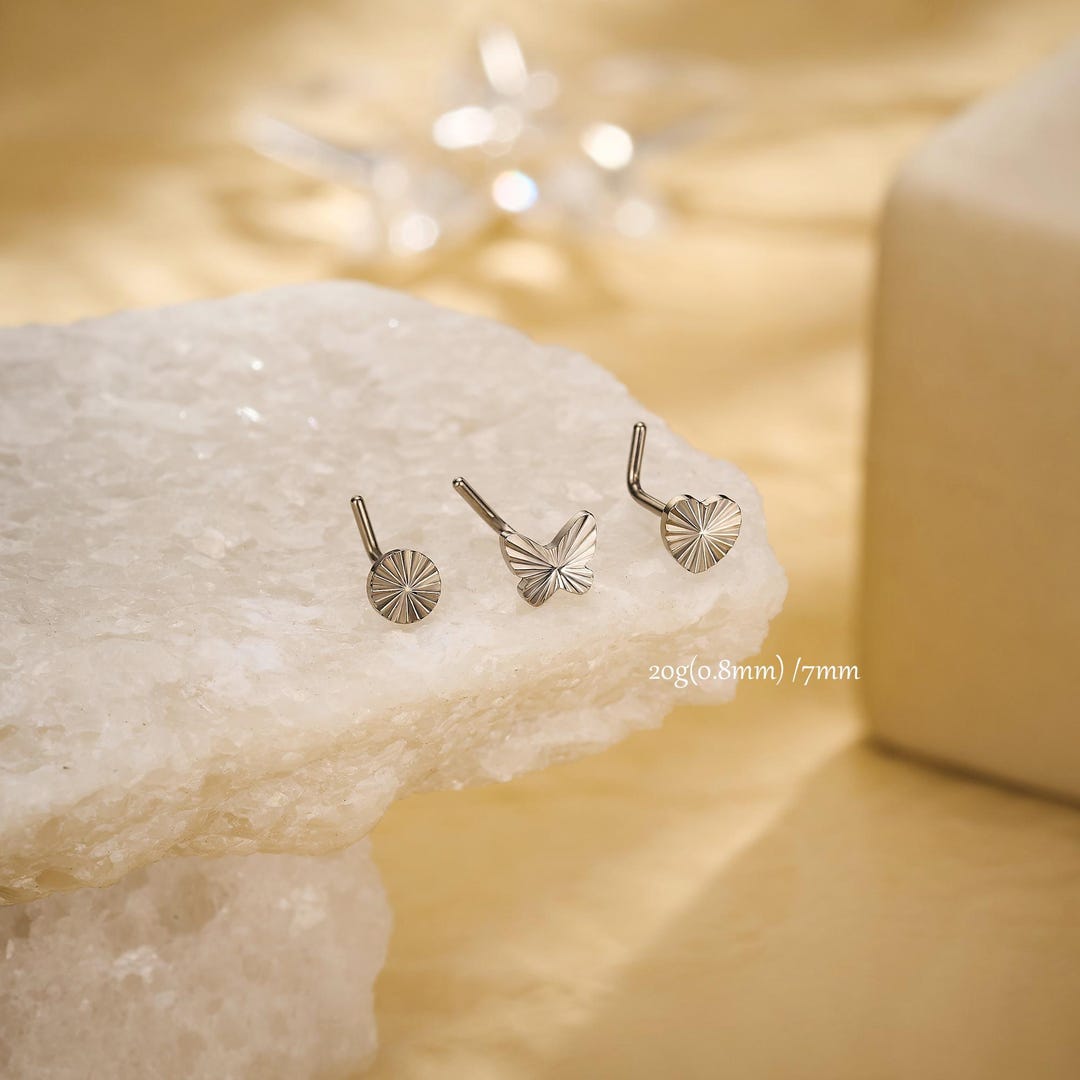 3pcs Cut Surface Nose Ring • 20G Titanium Nose Stud • Heart • Butterfly ...