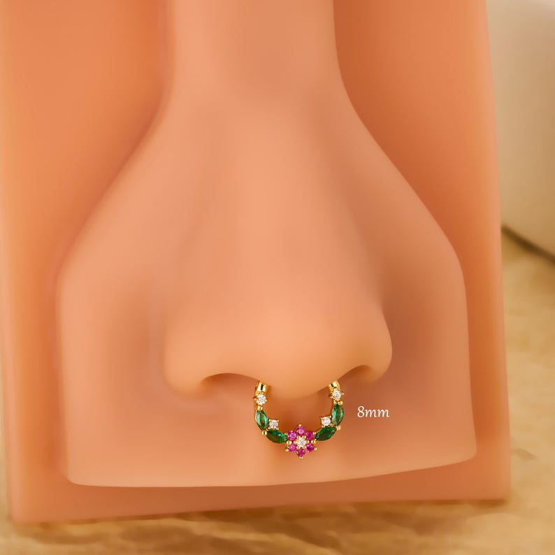 Ruby CZ Flower Septum Ring, Danity Septum Piercing, Floral and Leaf ...