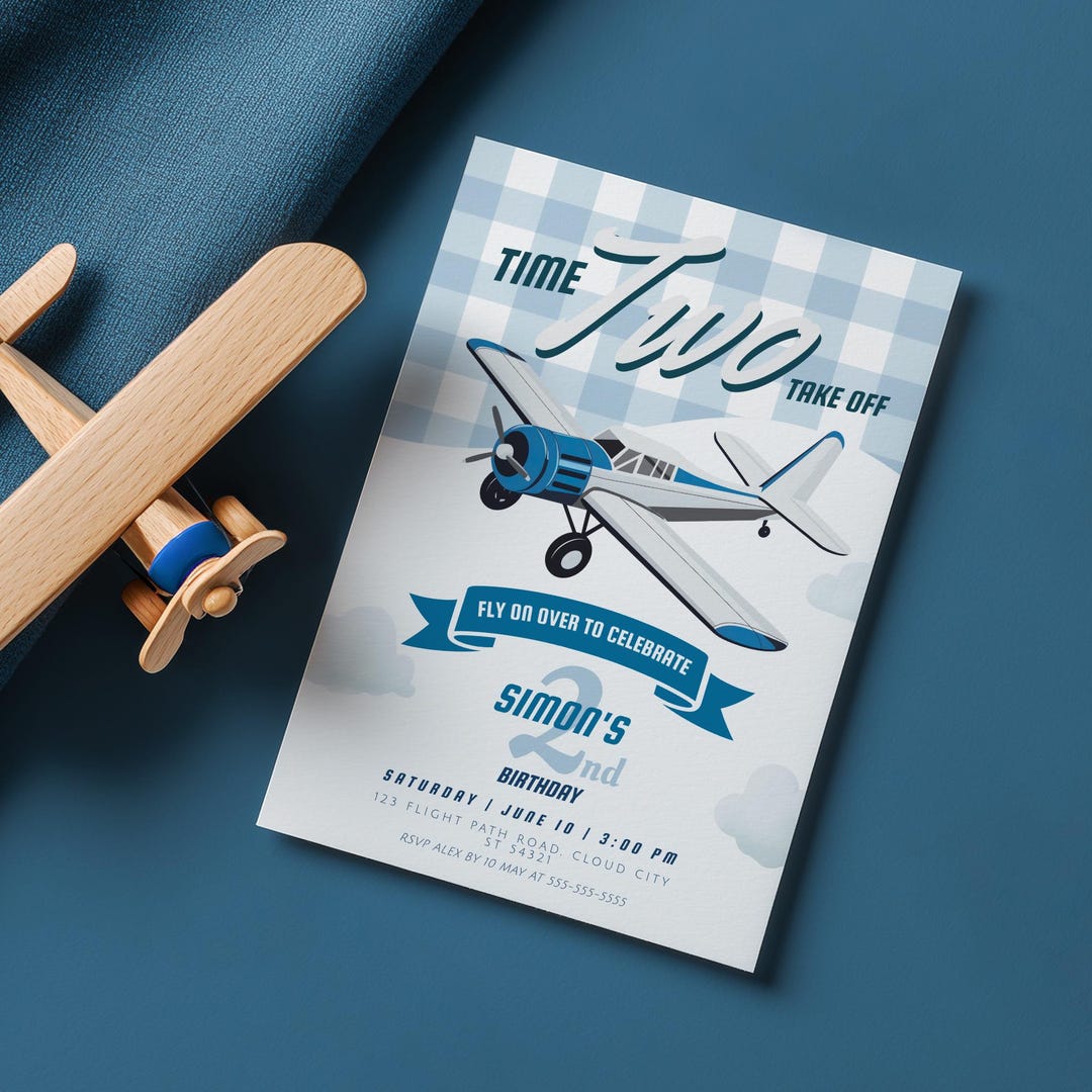 Time Two Take off Airplane 2nd Birthday Invitation, Plane Theme, Editable Template, Instant ...