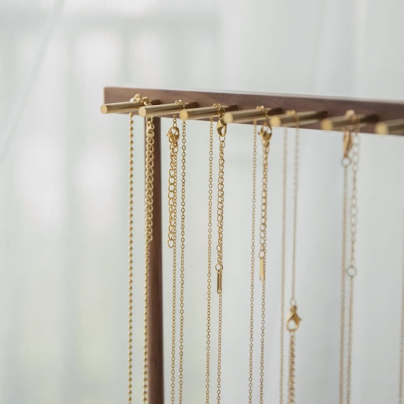 Walnut Jewelry Display Stand: Gold Accents, Necklace Organizer - Etsy