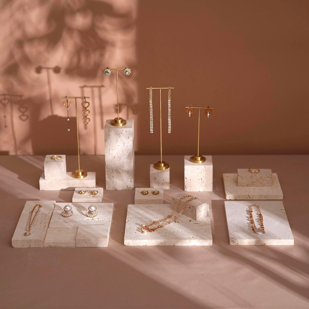 Yellow Travertine Jewelry Display Set: Brass Earring & Ring Organizer ...