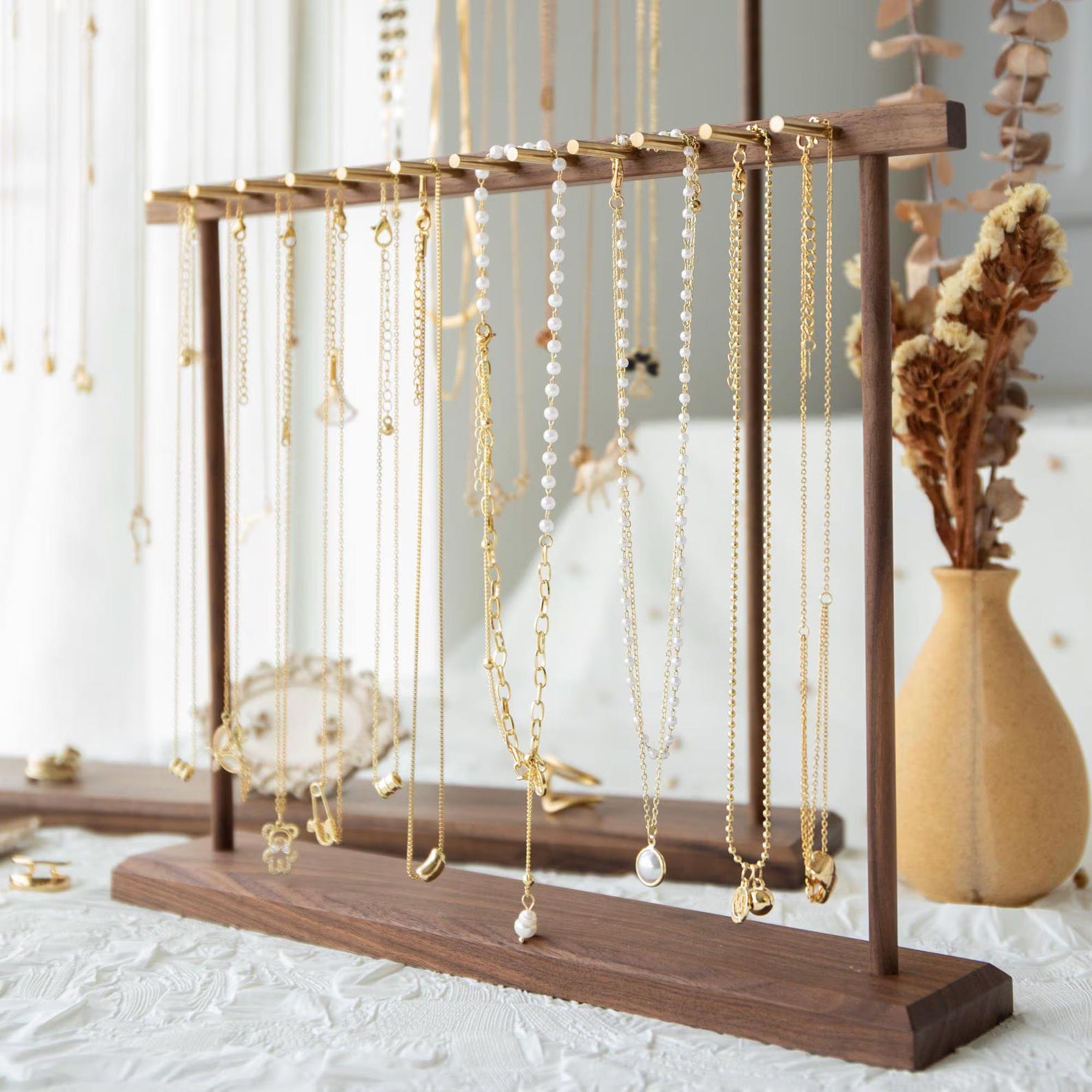 Walnut Jewelry Display Stand: Gold Accents, Necklace Organizer - Etsy