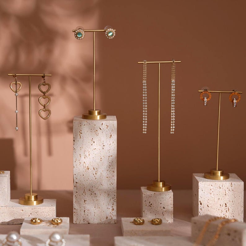 Yellow Travertine Jewelry Display Set: Brass Earring & Ring Organizer ...