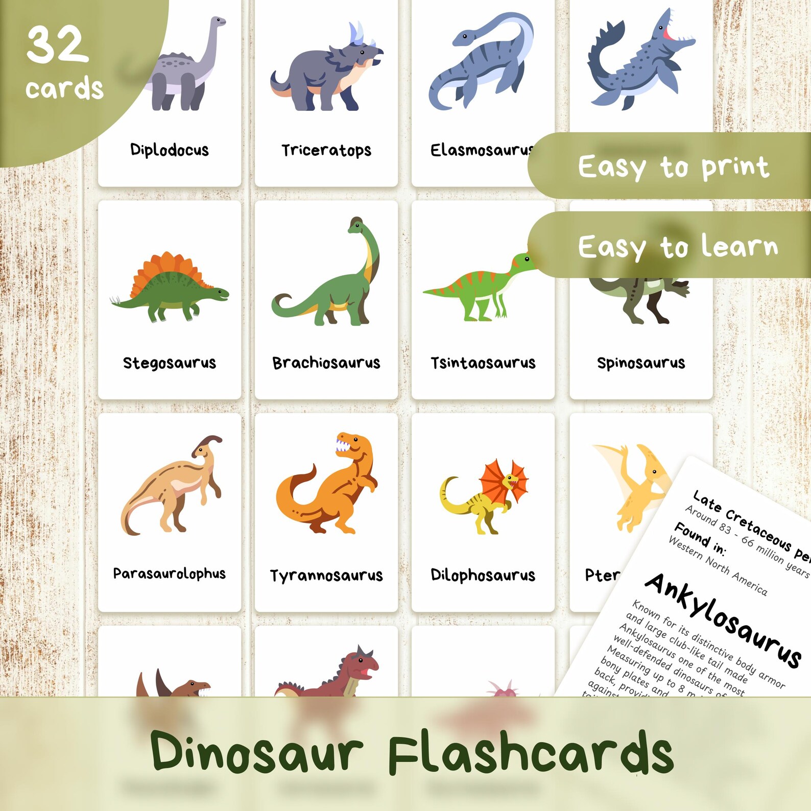 DINOSAUR Flash Cards • 32 Dinosaur Cards • Printable PDF Cards ...