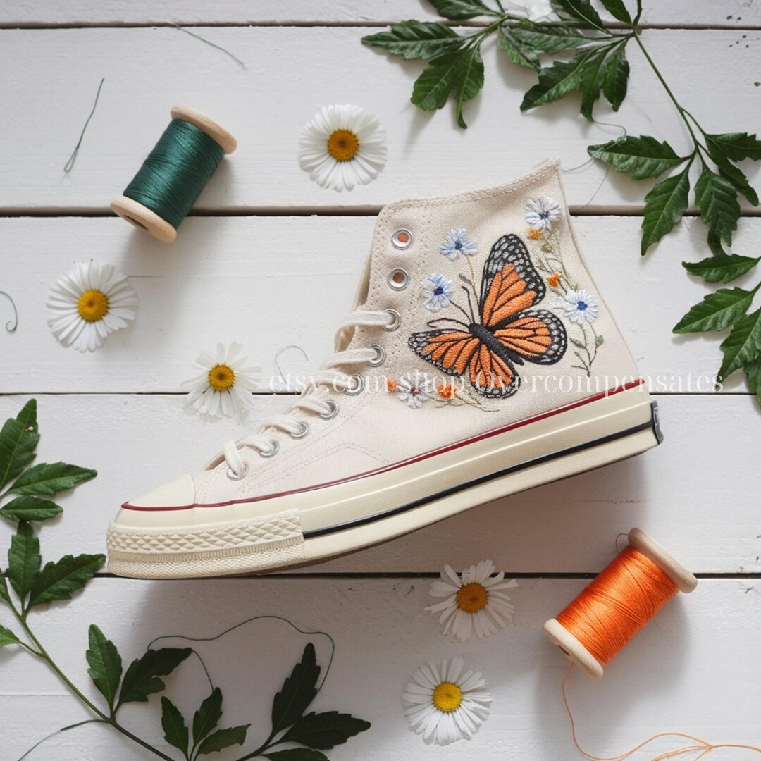 Custom High-top Converse With Embroidered Butterfly and Flower Designs ...