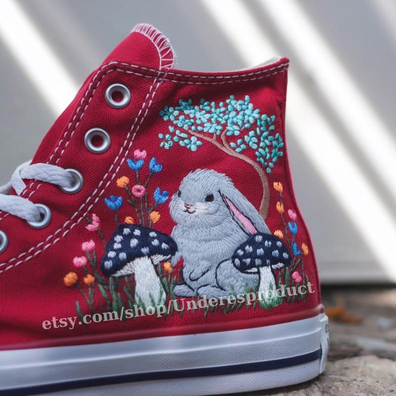 Custom Rabbit Mushroom Garden Vibe Embroidered Red High Tops Converse ...