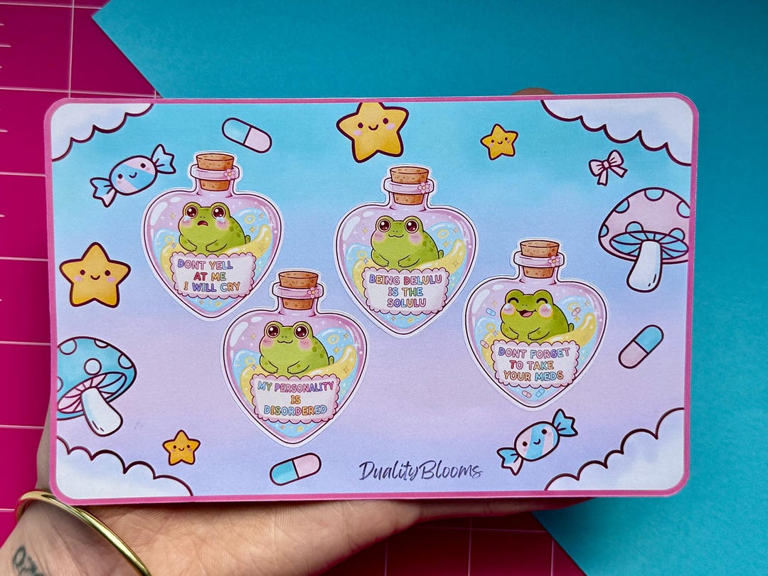 Kawaii Frog Sticker Sheet | Mental Health Frog Stickers | Funny BPD ...