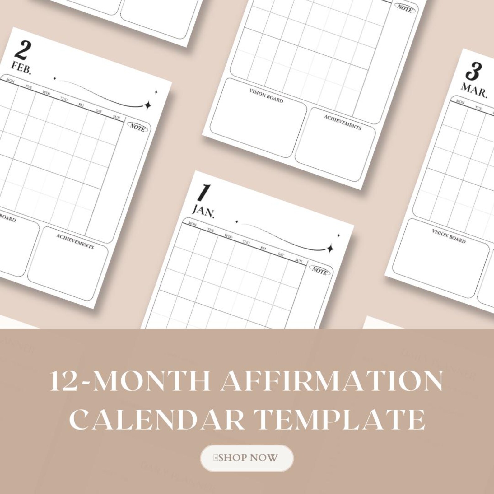12-month Affirmation Calendar Template - Etsy