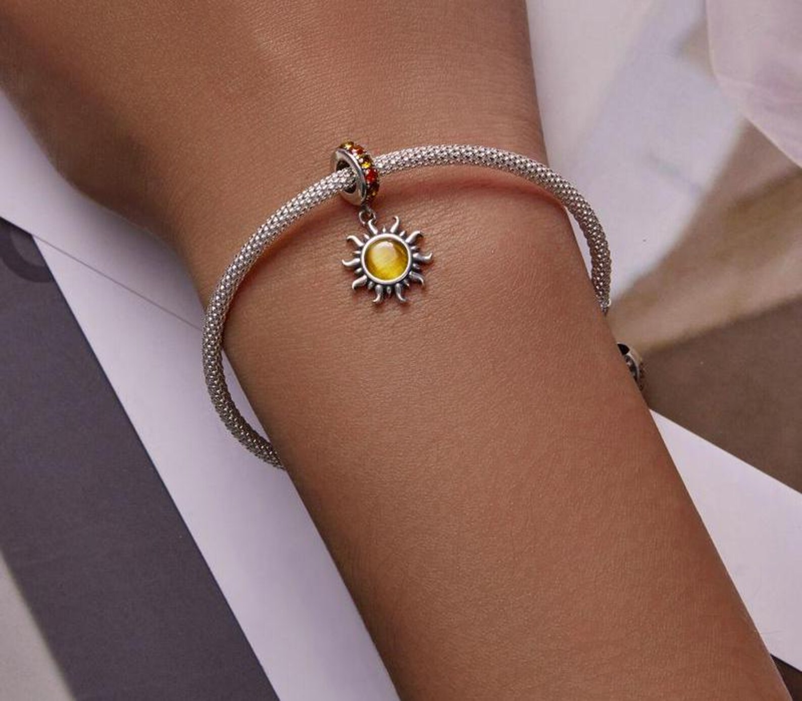 Vintage 925 Sterling Silver Sun Style Amber Color Murano Glass Charms ...