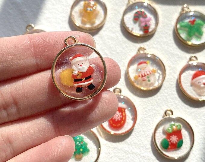 6pcs Original Kawaii Glitter Christmas Charms Round Clear Resin Snowman ...