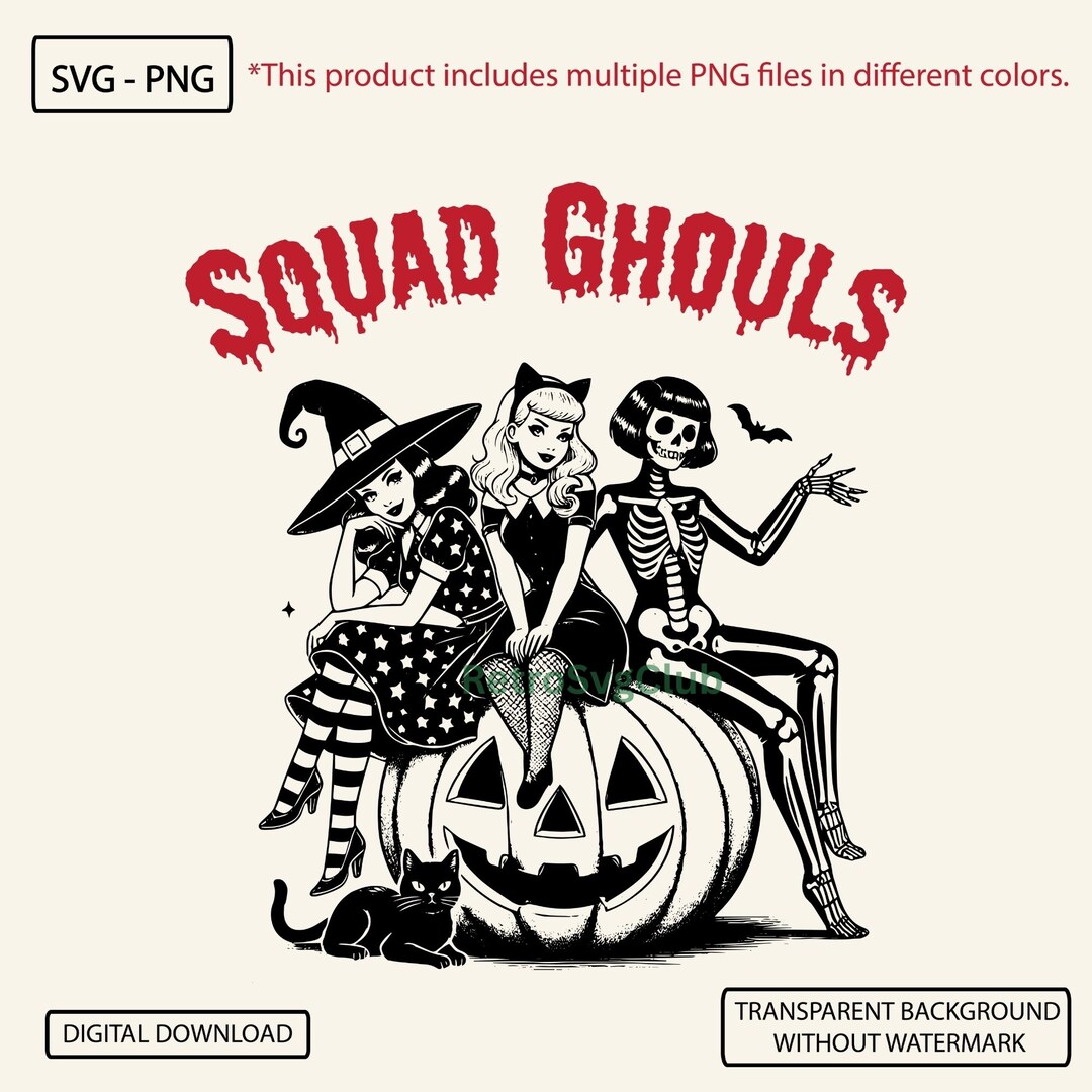 Squad Ghouls Retro Halloween SVG PNG, Vintage Witch Pinup Skeleton Cat ...
