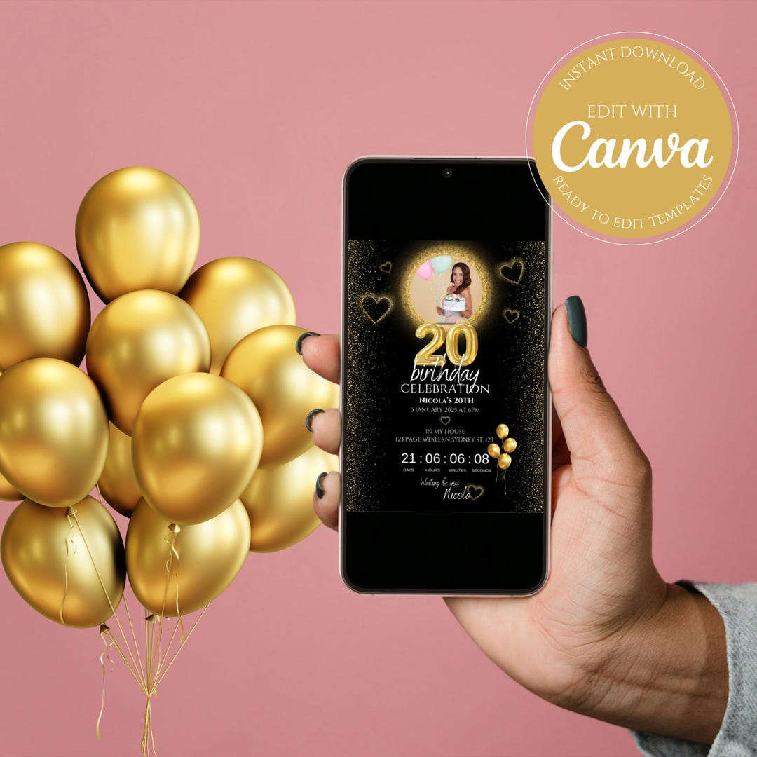 Digital Birthday Invitation in Black and Gold Design, DIY Personalized ...