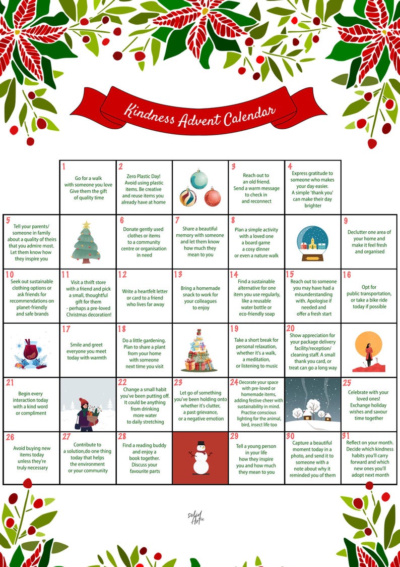 Kindness Advent Calendar A2 Daily Random Act of Kindness - Etsy