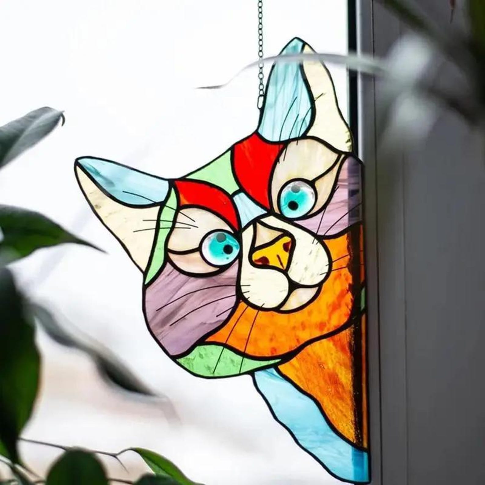 Stained Glass Cat Window Hanger Cute Cartoon Animal Pendant Decor - Etsy