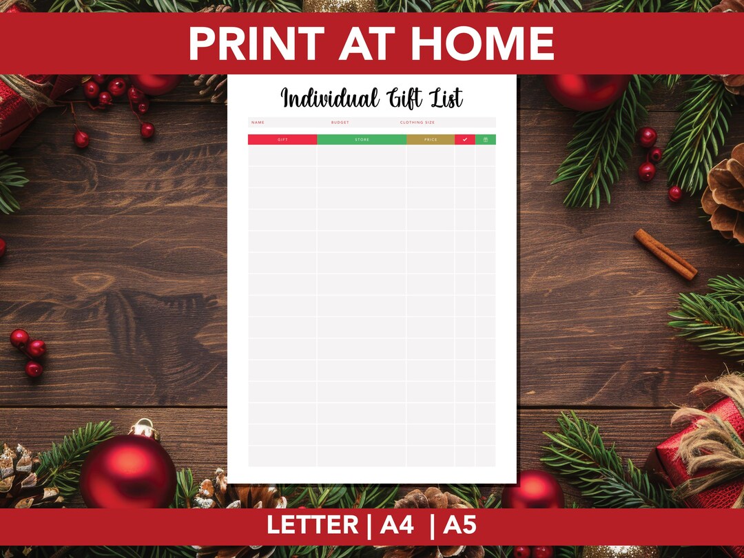 Christmas Individual Gift List - PRINTABLE - Etsy