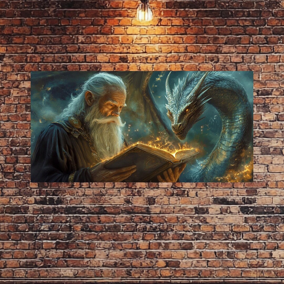 Wizard and Dragon Panoramic Poster Print - Magical Scene of Grimoire ...