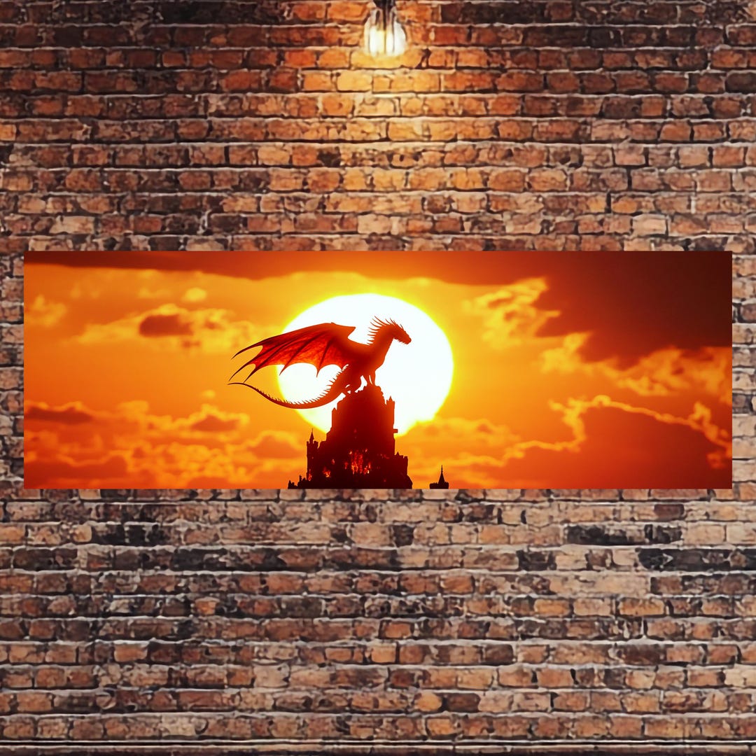 Panorama Dragon Wall Canvas, Dragon Wall Print, Large Fantasy Wall Art ...