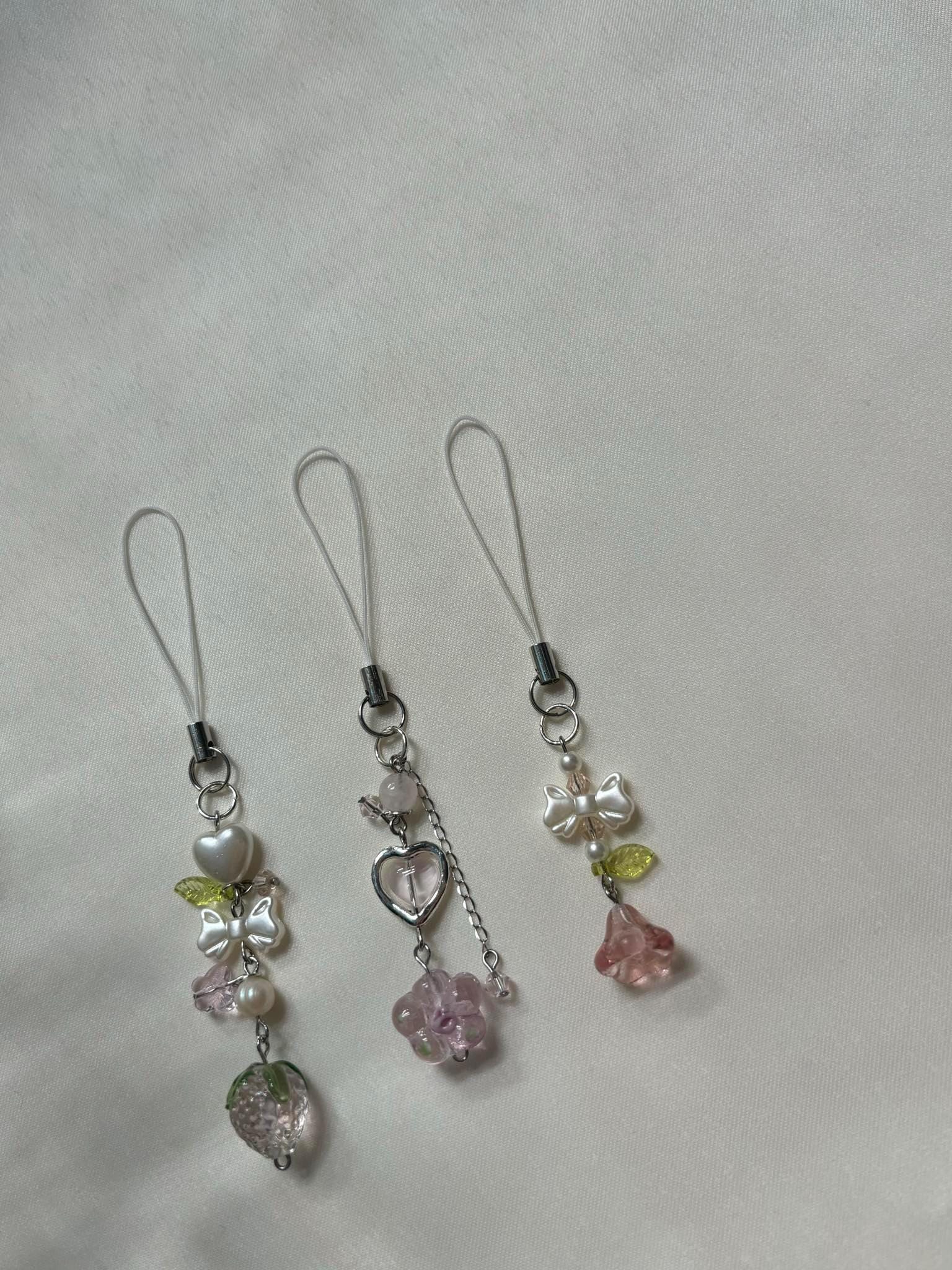 Pink Flower Phone Charms Strawberry Dainty Beaded Phone Strap Coquette ...