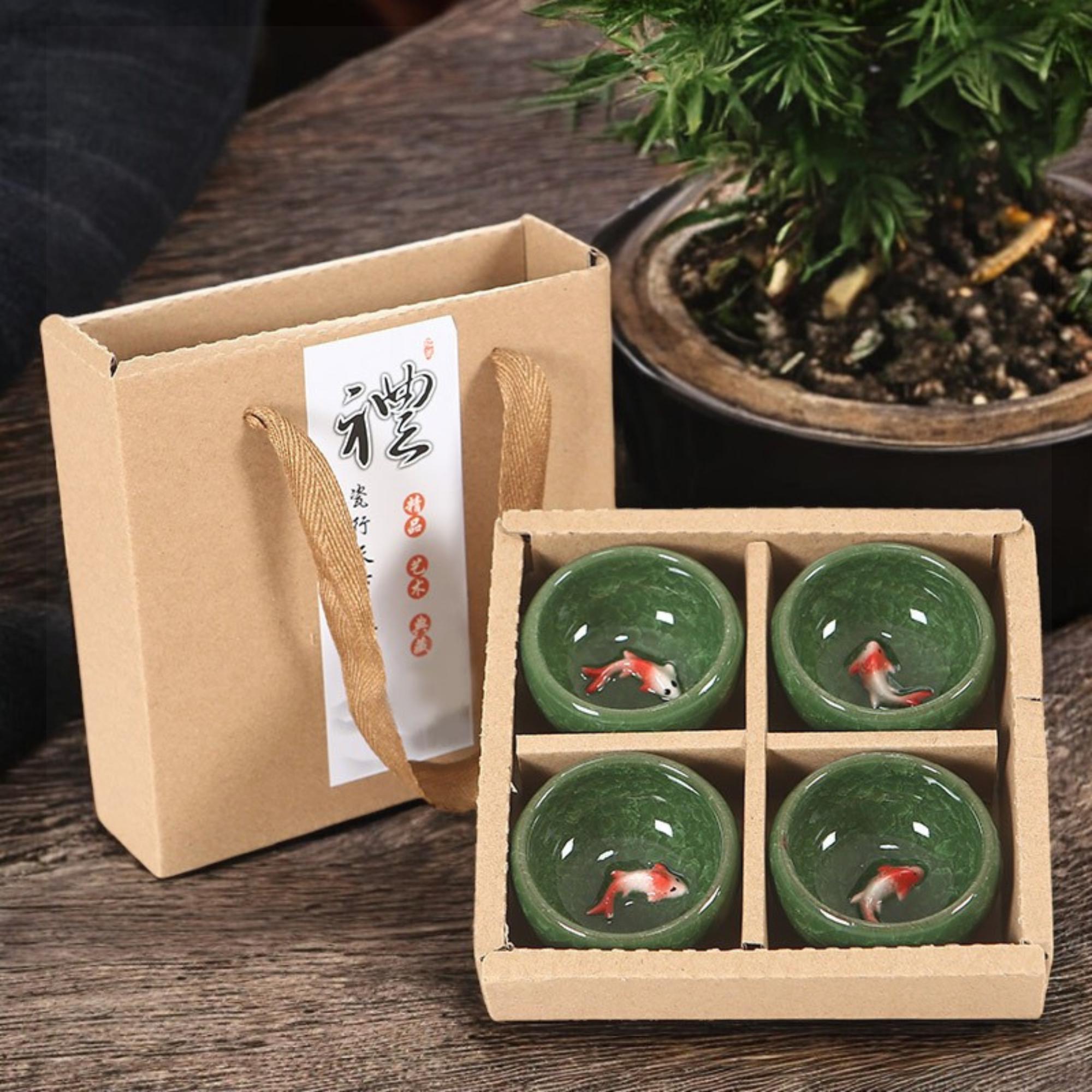 Chinese Koi Fish Ceramic Tea Cup Set, Oriental Asian Handmade Koi Fish ...