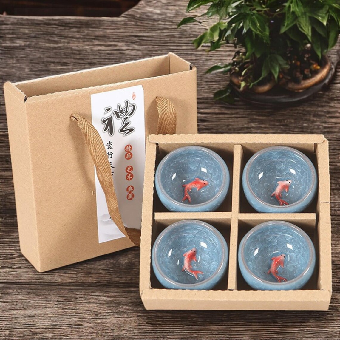 Chinese Koi Fish Ceramic Tea Cup Set, Oriental Asian Handmade Koi Fish ...