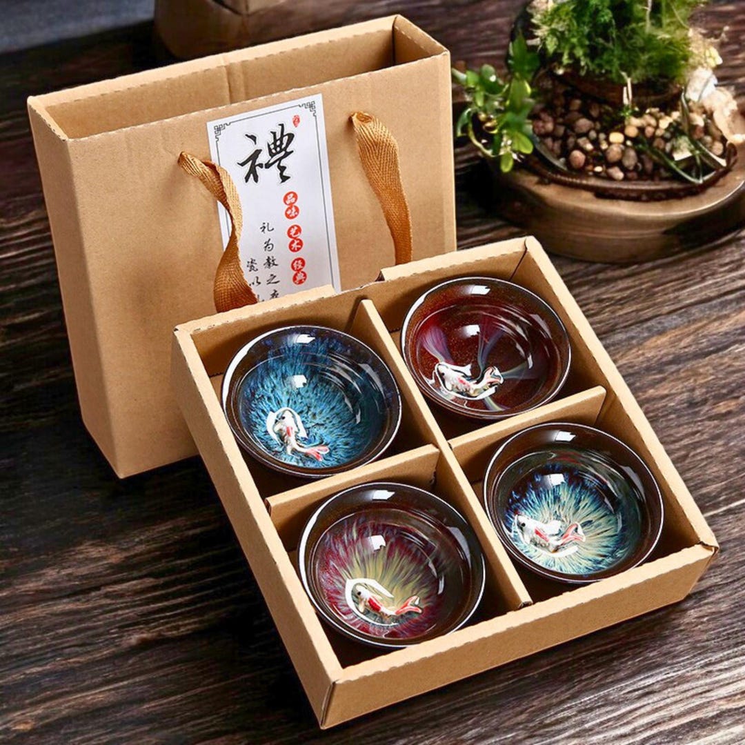 Chinese Koi Fish Ceramic Tea Cup Set, Oriental Asian Handmade Koi Fish ...