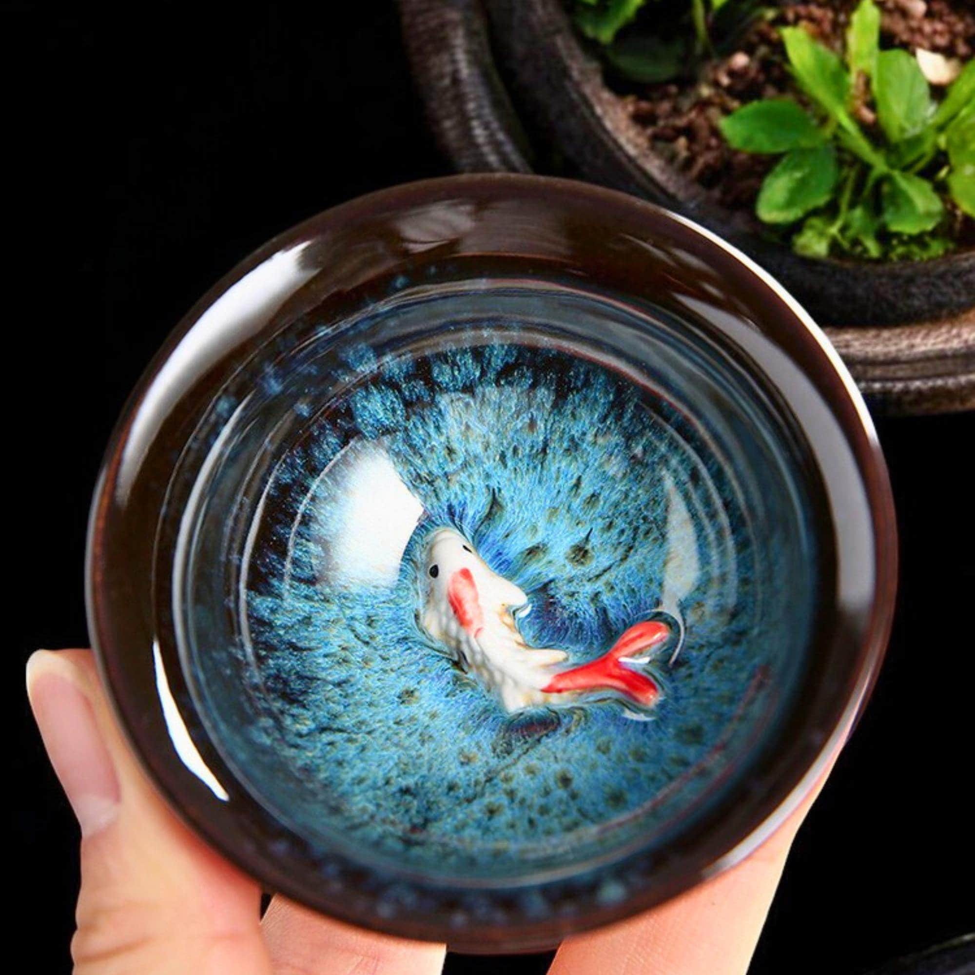 Chinese Koi Fish Ceramic Tea Cup, Oriental Asian Handmade Koi Fish ...