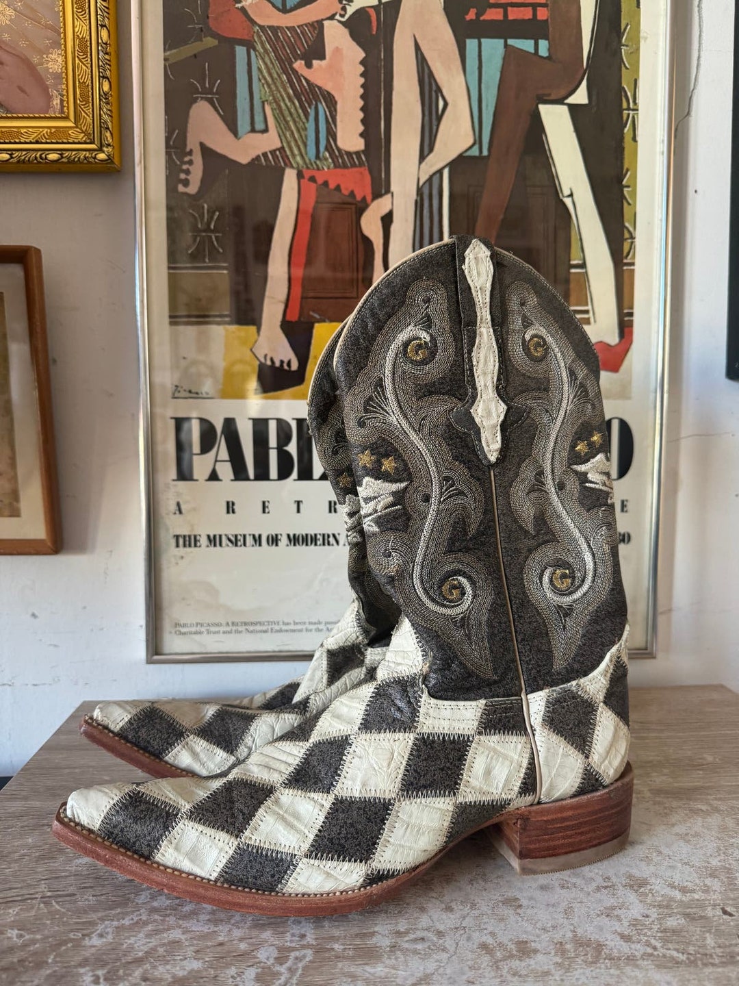 El General Checkered and Embroidered Cowboy Boots Mens 8.5 - Etsy