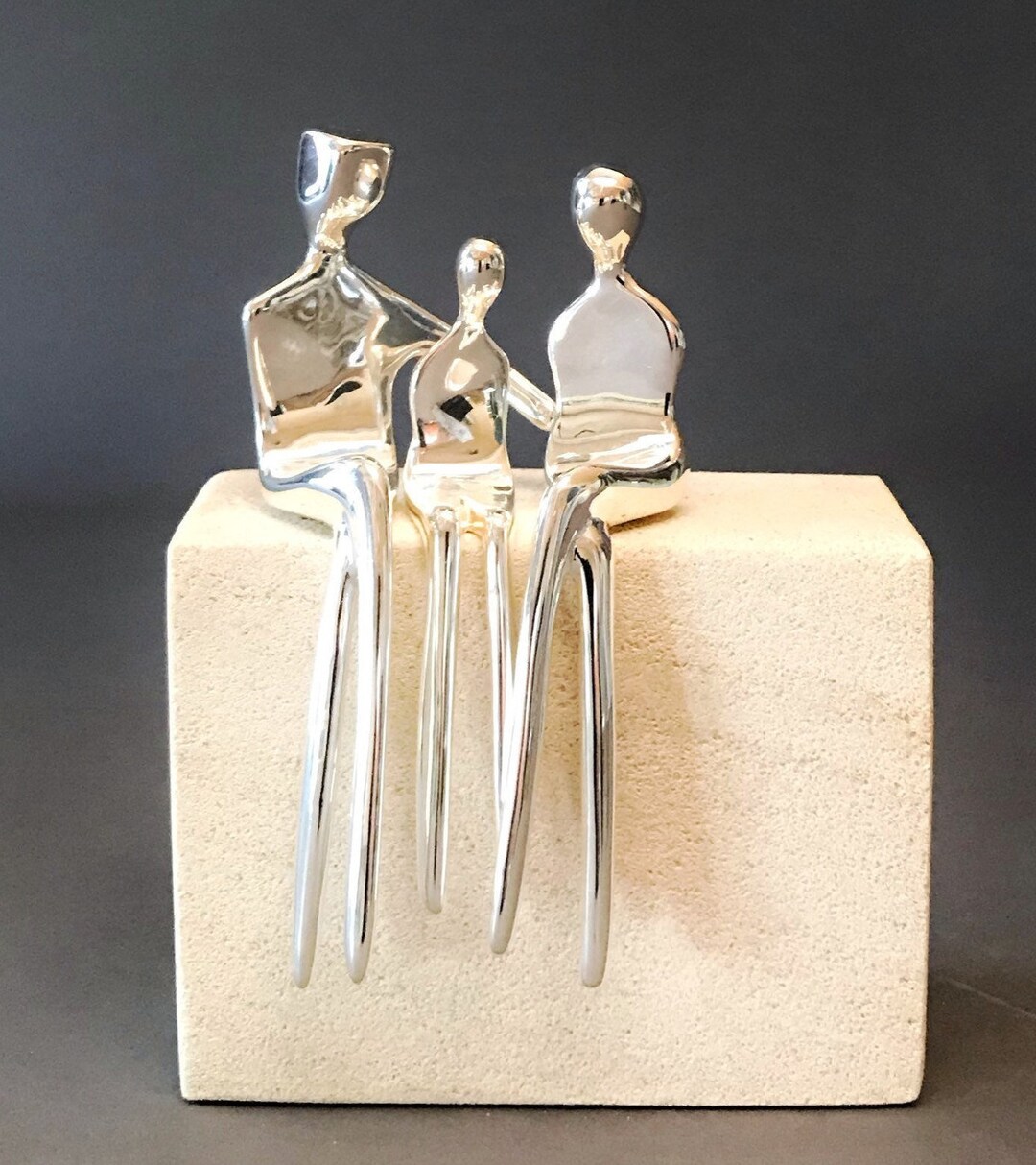 Silver Plated Family of Three | Sculpture Mounted on Natural Stone ...