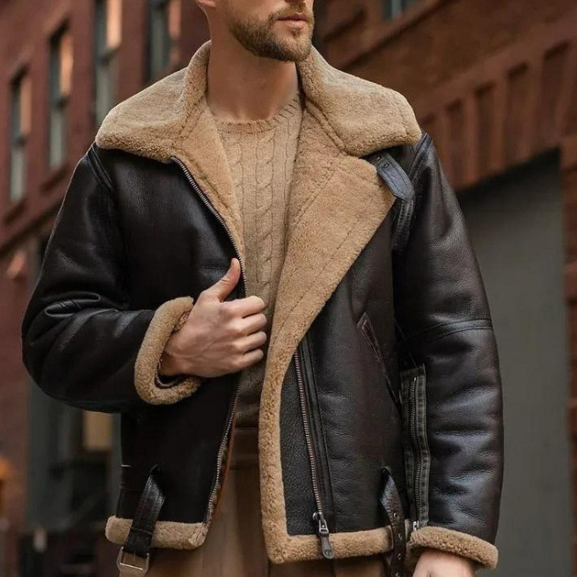 Men's RAF Brown Genuine Shearling Bomber Jacket Sheepskin Bomber Jacket ...